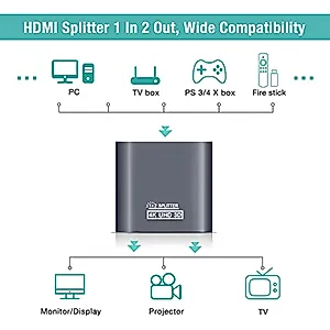 HDMI Splitter 1 in 2 Out - 4K Aluminum Ver1.4 HDCP, Powered HDMI Splitter Supports 3D 4K@30HZ Full HD1080P for Xbox PS4 PS3 Fire Stick Roku Blu-Ray Player Apple TV HDTV - Cable Included, Grey