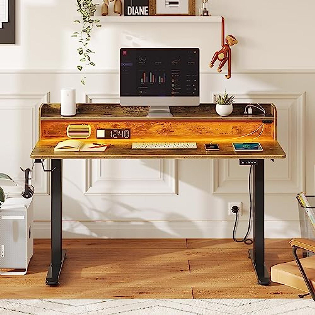 Rolanstar Standing Desk with LED Lights & Charging Station, 47.2" Height Adjustable Desk with Monitor Stand, Electric Gaming Desk with 2 Headphone Hooks, Sit Stand Home Office Desk, Rustic Brown