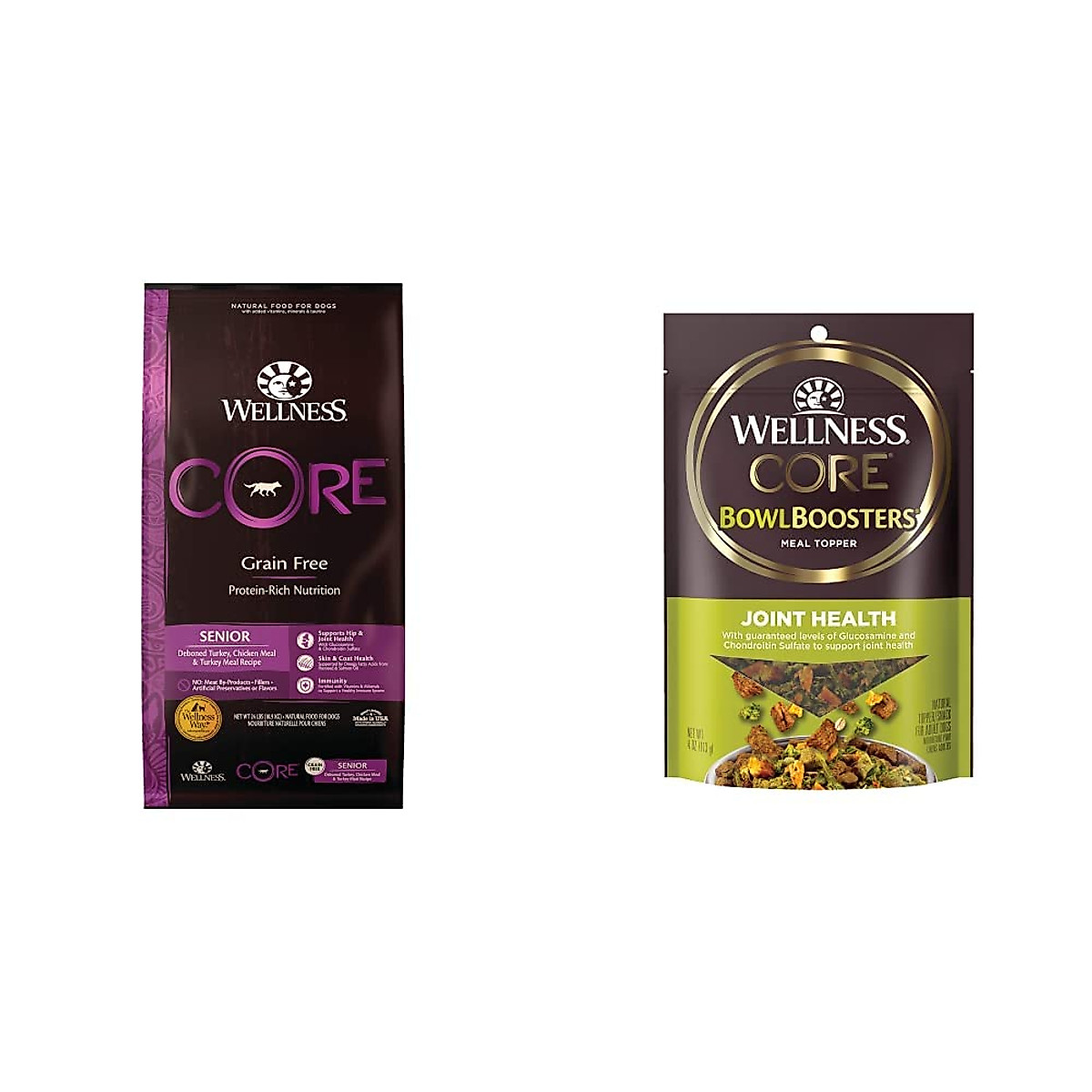 Wellness CORE Natural Grain Free Senior Dry Dog Food, 24 Pound Bag CORE Bowl Boosters Joint Health Dog Food Topper