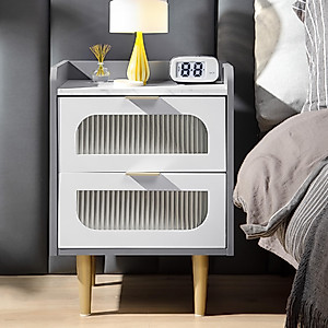 SICOTAS Night Stand with 2 Drawers, Modern Wood Nightstand Fluted Tempered Glass Marble Bed Side Table with Storage Large End Tables with Gold Legs for Bedroom Living Room, White and Grey