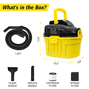 PRETEC Wet Dry Shop Vac, 2.5 Gallon Wet Dry Vacuum Cleaner, 3 Peak HP Small Shop Vac, 3 in 1 Portable Shop Vacuum with Nozzle, Filter, Vacuuming and Blowing, for Cleaning Floor, Upholstery, Gap, Car