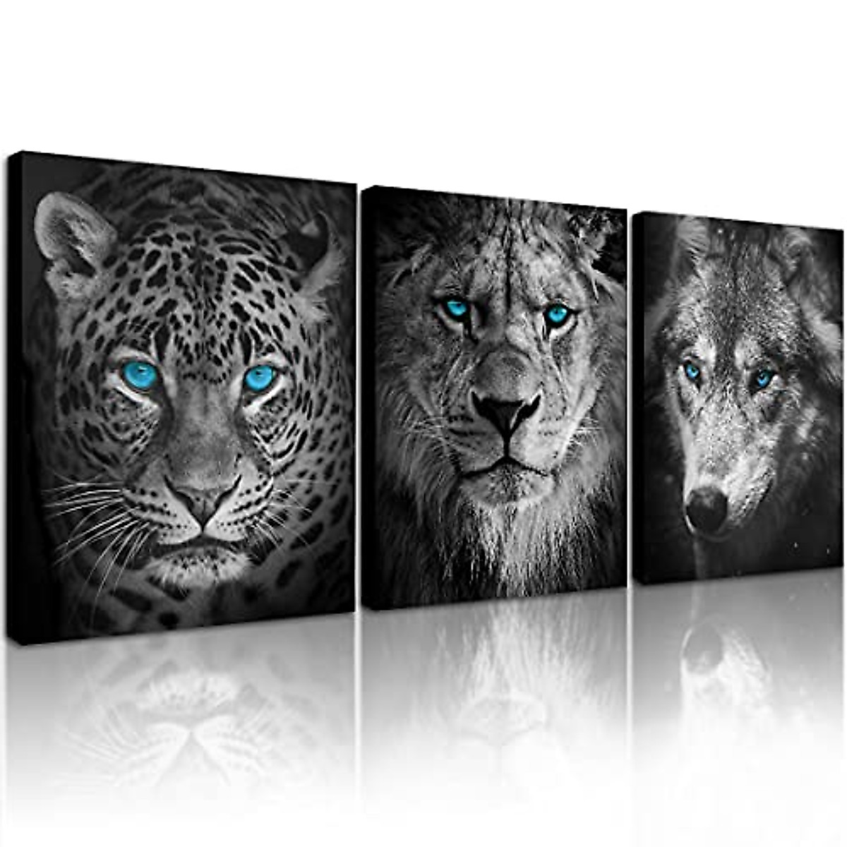 QTESPEII Black and White Animals Pictures Wall Art Decor for Bathroom Leopard Lion Wolf Head with Blue Eyes Paintings Canvas Prints Wildlife Artwork Framed Modern Home Office Decor 12"x16" 3 Panels