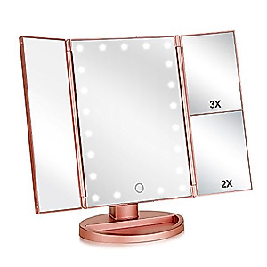 Flymiro Tri-fold Lighted Vanity Makeup Mirror with 3x/2x Magnification,21 LEDs Light and Touch Screen,180 Degree Free Rotation Countertop Cosmetic Mirror,Travel Makeup Mirror (Rose Gold)