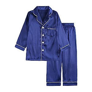 MYGBCPJS 2Pcs Boys Girls Satin Pajamas Set Long Sleeve Classic Silk Pjs Sleepwear Button-Down Top + Pants Loungewear