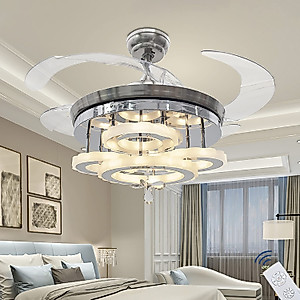 42" Modern Chandelier Fan Ceiling Fan with Lights and Remote Control for Bedroom Modern Ring Chandelier Fan with Retractable Blades for Foyer Chandelier
