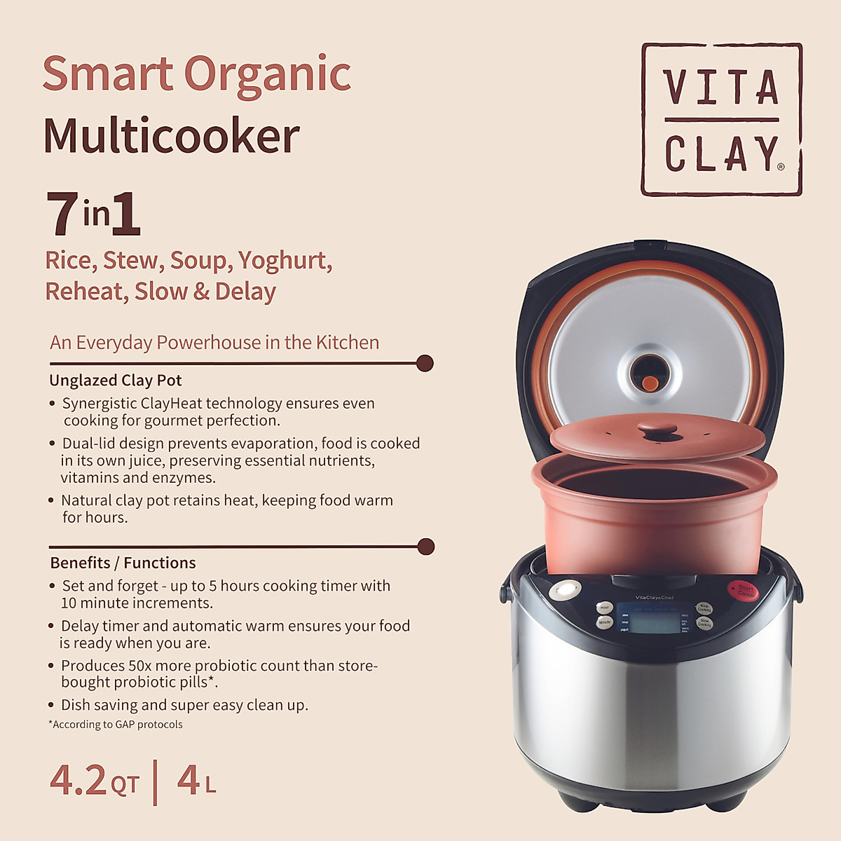 VitaClay Smart Organic Clay Pot Multi Cooker - Toxin Free Clay Rice Cooker, Delay Start Slow Cooker, Stew Cooker, Electric Soup Pot, Yogurt Maker, with Natural Earthen Clay Crock, 8 Cup / 4.2-Quart