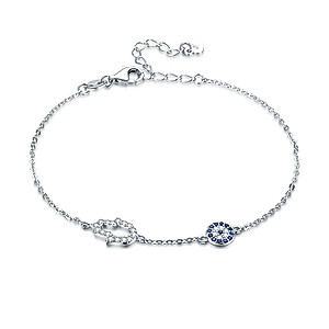 Kaletine Hamsa Hand of Fatima Evil Eye Bracelet Sterling Silver 925 Blue Cubic Zirconia Chain 6.5"+1.5"(Rhodium)
