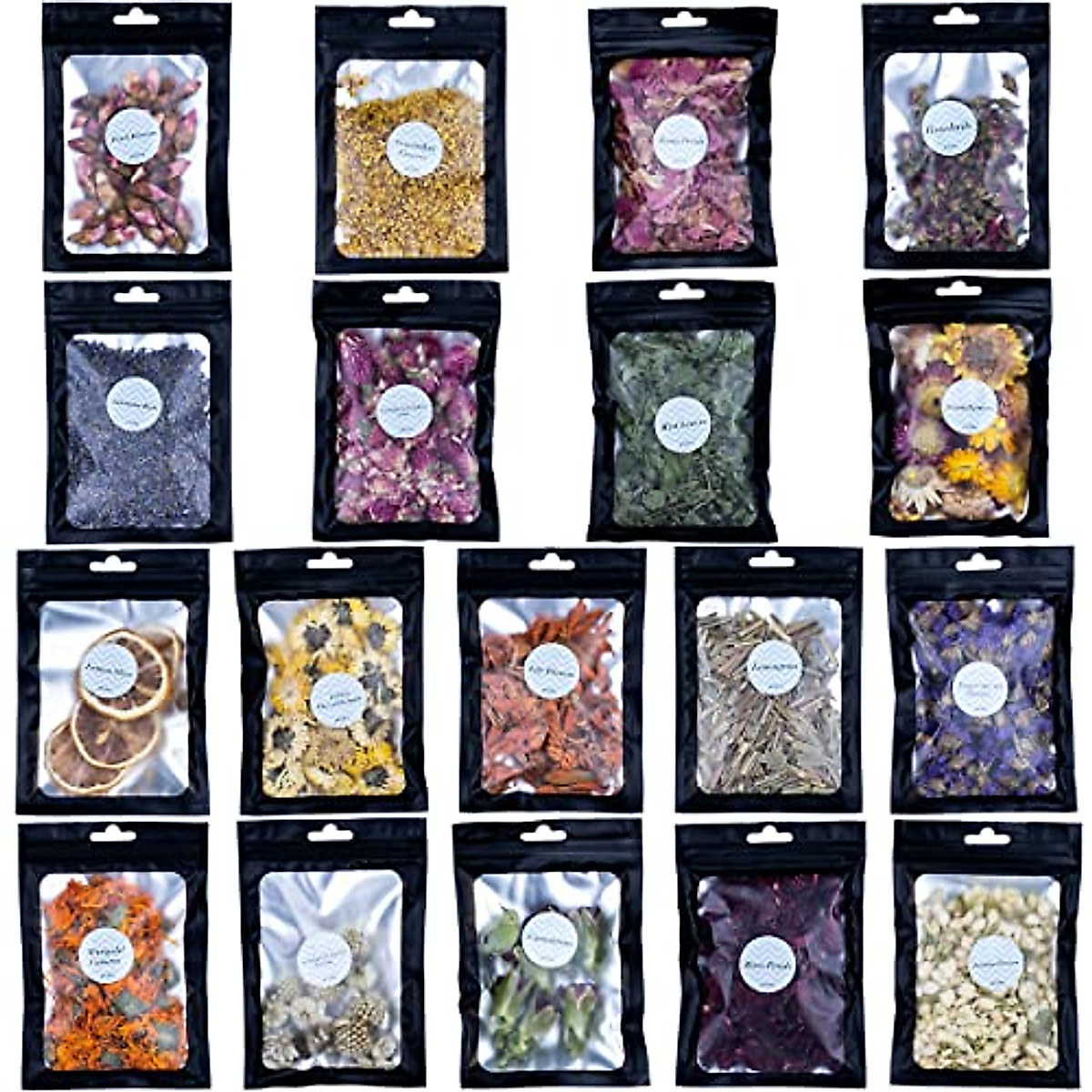 Dried Flowers, 18 Pack Natural Dried Flower Herbs Kit for Bath, Bomb, Soap, Resin, Candle Making, Include Rose Petals, Rosebuds, Lavender, Jasmine Flowers, Lily, Lemon Slice and More