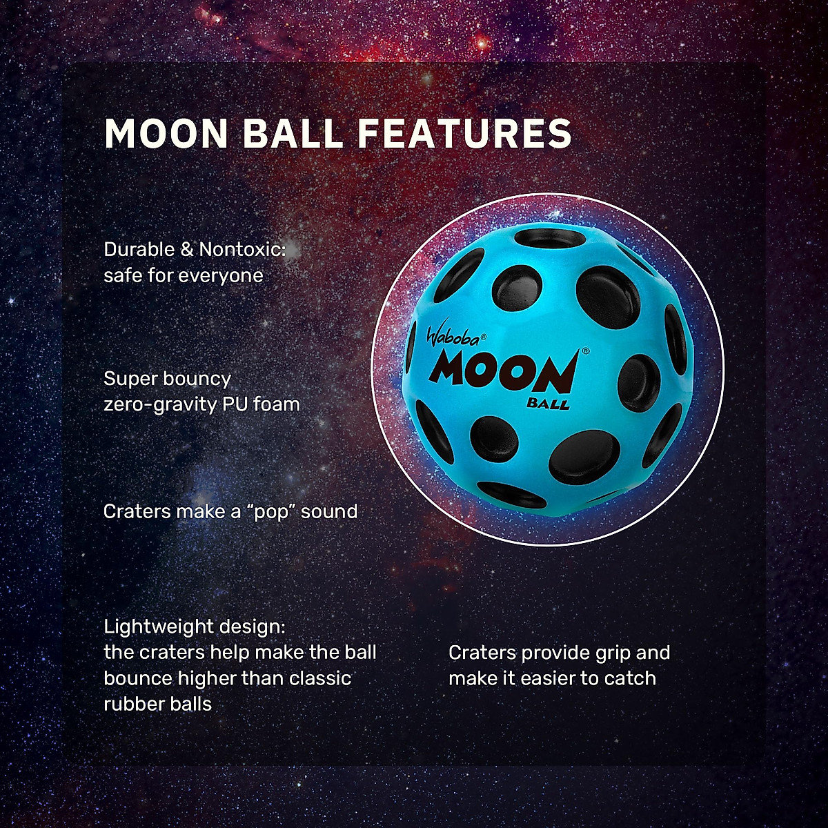 Waboba Moon Ball - Super High Bouncing Ball - Neon Coloured Indoor and Outdoor Ball Ages - Make Pop Sounds - Easy to Grip, Blue - (65 mm