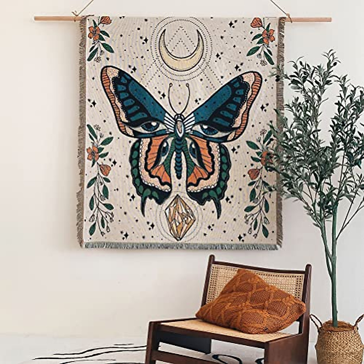tiowik Butterfly Throw Woven Blanket with Tassel for Home Decoration Chair Couch Sofa Bed Beach Travel Picnic Cloth Tapestry Shawl Cozy Cotton (White 63×51 Inches)
