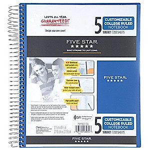 Five Star Spiral Notebook, 5 Subject, College Ruled Paper, 200 Sheets, 11" x 8-1/2", Customizable Cover, Blue (38010)