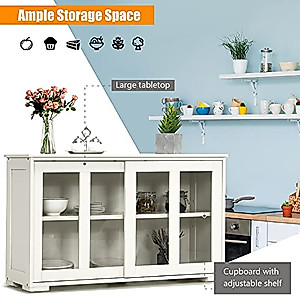 Costzon Kitchen Sideboard, Antique Stackable Storage Cabinet with Height Adjustable Shelf, Sliding Door Window, Wooden Cupboard Server Buffet Console Table for Home Dining Room Entryway (Cream White)