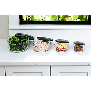 DURA LIVING 8-Piece Glass Food Storage Containers Set (4 Containers + 4 Lids) | Round, Nesting, Microwave & Dishwasher Safe | BPA-Free, Space-Saving | Grey Lids for Pantry & Kitchen Organization