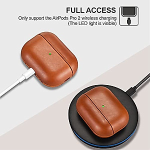 ICARERFAMILY Leather Case for AirPods Pro 2 (2022), Genuine Leather Shockproof Protective Cover for AirPods Pro 2 Earphones Charging Case (LED Visible) Support Wireless Charger Brown