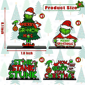 4Pcs Christmas Wooden Table Centerpieces Decoration Green Christmas Thief Wood Desktop Removable Decor Sign Merry Christmas Gnome Ornaments for Christmas Winter Theme Party Decor Table Tier Tray