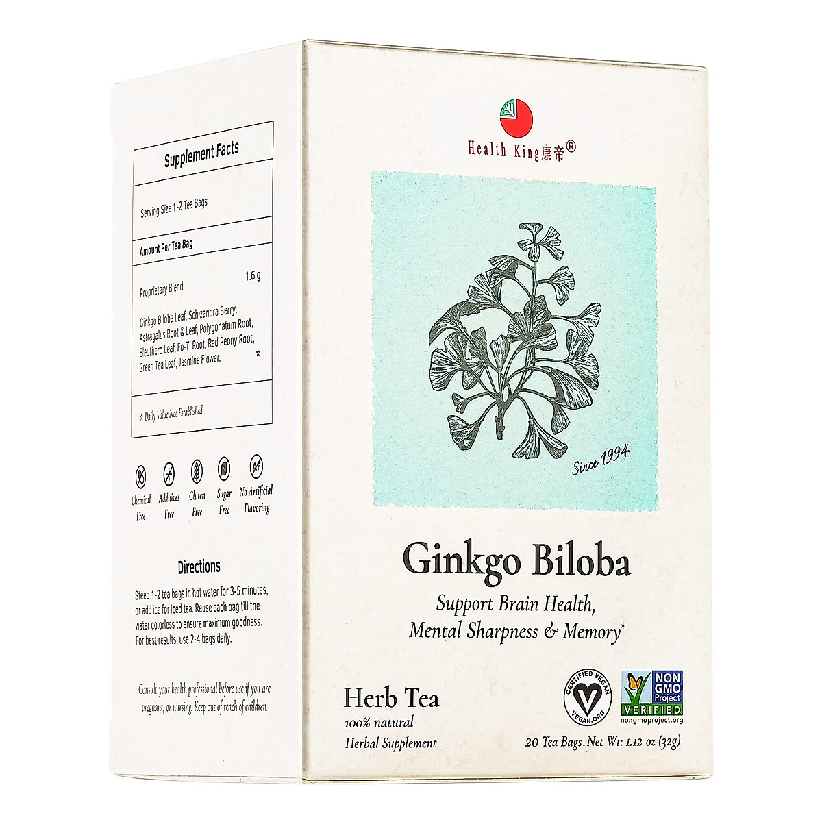 Health King Ginkgo Biloba Herb Tea, Teabags, 20 Count Box