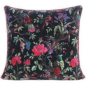 Eyes of India Boho Velvet Bird Print Throw Pillow Cover, Colorful Decorative Floral Accent Bohemian Cushion Case for Sofa Couch Bedroom Living Room, 20x20 inch (50x50 cm), Black