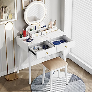 JUMMICO Makeup Vanity Desk with Round Mirror and Lights, Vanity Table Makeup Desk 4 Storage Drawers 3 Adjustable Colors LED Lights Matched Soft Cushioned Stool for Girls Bedroom (White) …