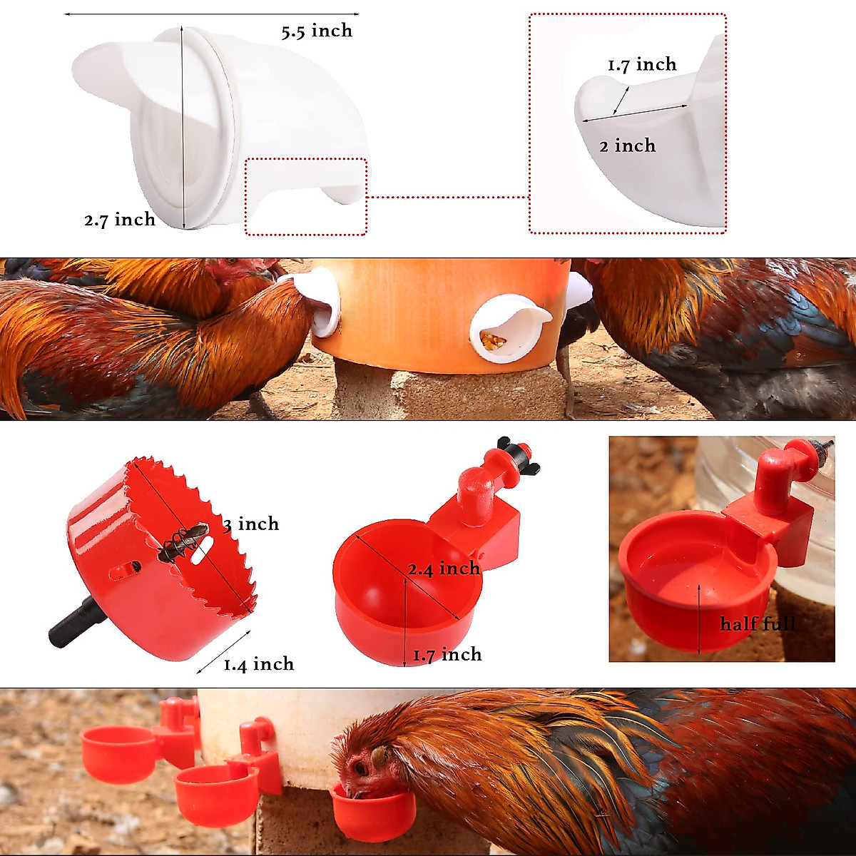 Chicken Feeder and Waterer Kit, 6 PCS Poultry Feeders No Waste and Chicken Water Cups for Buckets Barrels