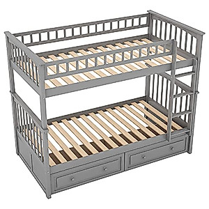 Harper & Bright Designs Bunk Beds Twin Over Twin with Storage, Twin Bunk Beds with 2 Drawers, Wooden Storage Bunk Bed with Safety Rail and Ladder,Can be Convertible to 2 Beds,Grey