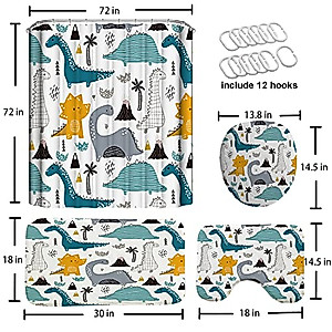 GRIEKOWE Cartoon Dinosaur Shower Curtain Sets, 4 Pcs Boys Cute Kids Funny Animal Graffiti Dino Multi Color Children Fabric Waterproof Home Bed, Shower Curtains with 12 Hooks Included(72X72in)