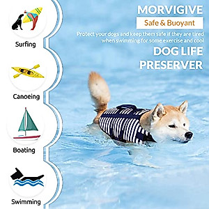 MORVIGIVE Striped Dog Life Jacket, Ripstop Dog Life Vest Preserver for Boating & Swimming with Rescue Handle, Reflective Puppy Float Coat Pet Swimsuit with Adjustable Straps and Side-Release Buckles