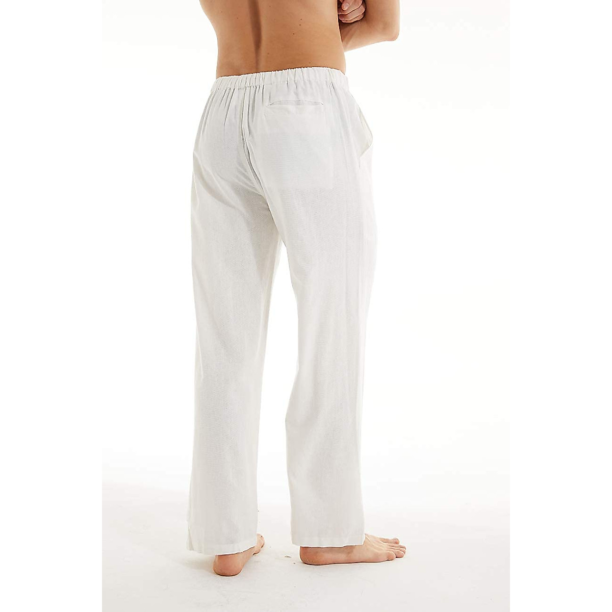 YuKaiChen Men's Casual Beach Pants Drawstring Cotton Linen Loose Open Bottom Yoga Trousers Pockets White XXL