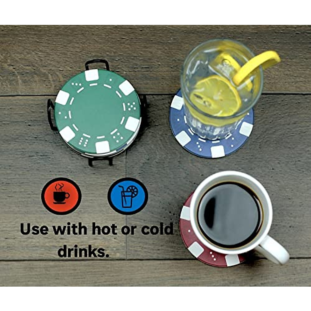 PANCHH Man Cave Coasters with Holder for Drinks & Manly Decor - Cool Kitchen Stuff, Best Housewarming & Birthday Gifts for Men, Guys, Male Best Friend – Casino Theme, Fun Poker Coasters- Home Bar