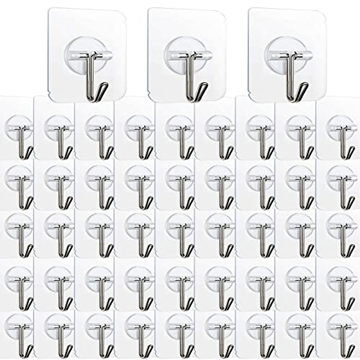KAKAMINA 100 Pack Adhesive Hooks Wall Hooks 24lb(Max) Heavy Duty Self Adhesive Hooks,Transparent Reusable Adhesive Wall Hooks for Hanging for Kitchens, Bathroom, Office