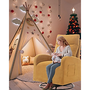 Luccalily Swivel Rocking Chair for Nursery, Upholstered Glider Nursery Chair with Breathable Fabric for Bedroom, Living Room, Yellow