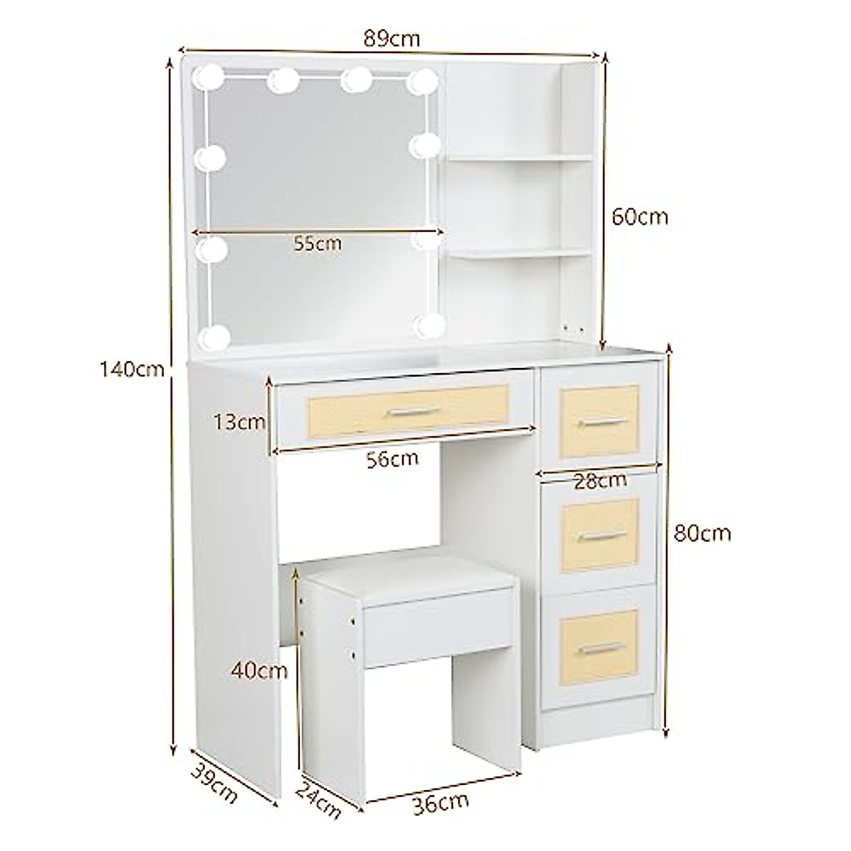 JBLCC Makeup Vanity Table with Lighted Mirror,Large Vanity Desk Set with Shelves, Dresser Desk and Cushioned Stool Set White (3076)