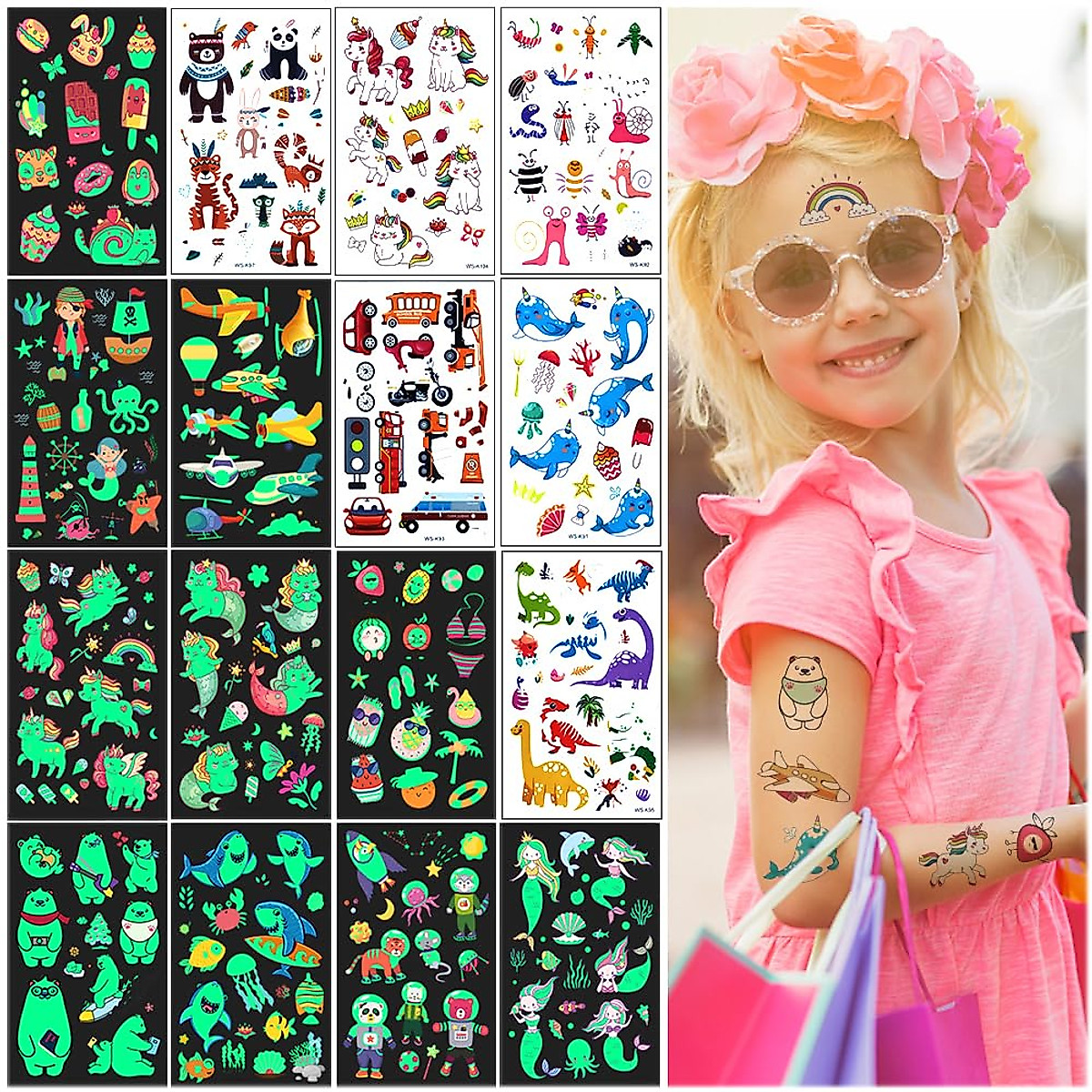 Tattoos for Kids 310 Glow in the Dark Tattoos, Kids Tattoos Temporary, Boys and Girls Mixed Style, Waterproof Temporary Tattoos, Glow in the Dark Party Supplies, Kids Party Favors, Gifts for Kids