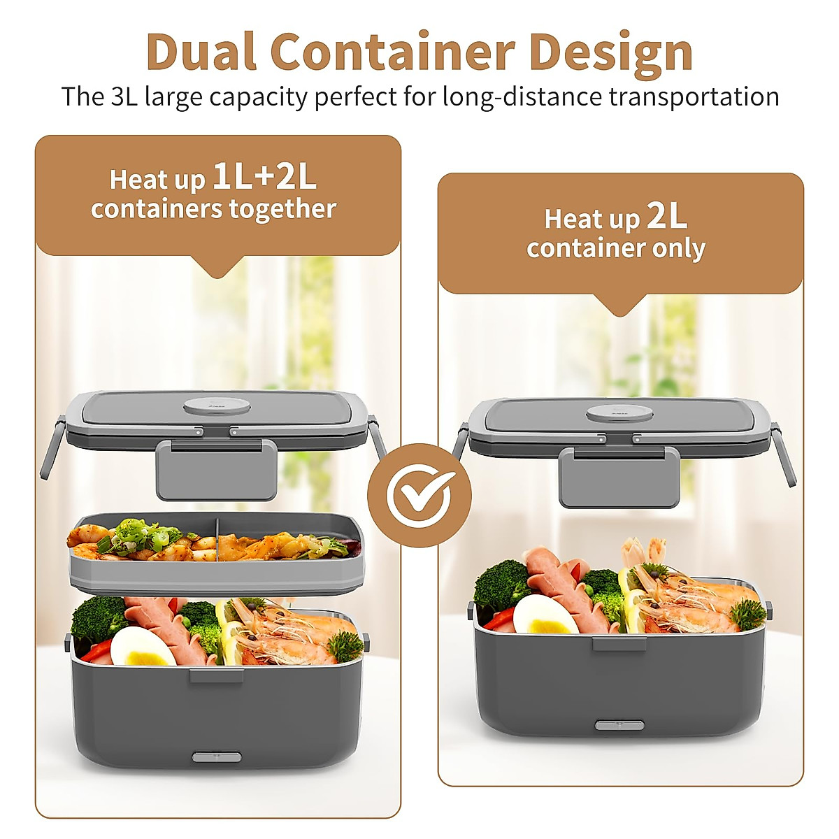 Geveniss Electric Lunch Box Food Heater with 2L Stainless Steel & 1L PP Fruit Container Bento Box, 90W (12V/24V/110V) Fast Heating Food Warmer for Car/Truck/Office Use, Ideal for Men, Women, Adults
