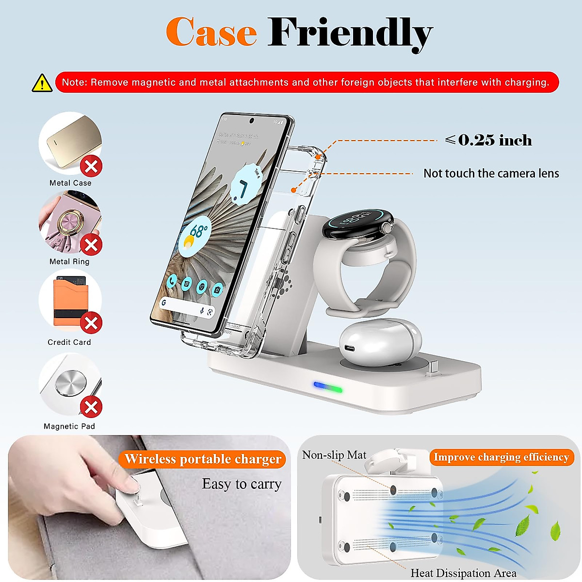 Upgraded 4 in 1 Wireless Charger for Google Pixel Watch 1, Pixel 8 Pro/8/7A/Fold/7/7 Pro/6/6 Pro/5/4/3/XL, Pixel Buds Pro, Foldable Wireless Charging Station for Google Pixel, iPhone, Airpods, Samsung