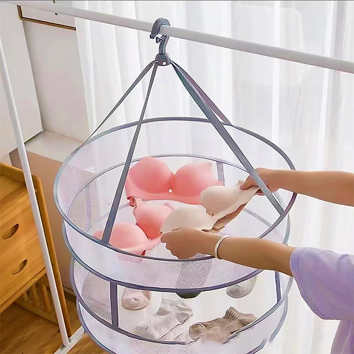 Qaoliffa 2-Tier Folding Mesh Clothes Hanging Dryer,Prevent Sweater from Deforming,Laundry Basket for Drying Underwear，Towels, Hats, Scarves,23 inches in Diameter(Set of 2)