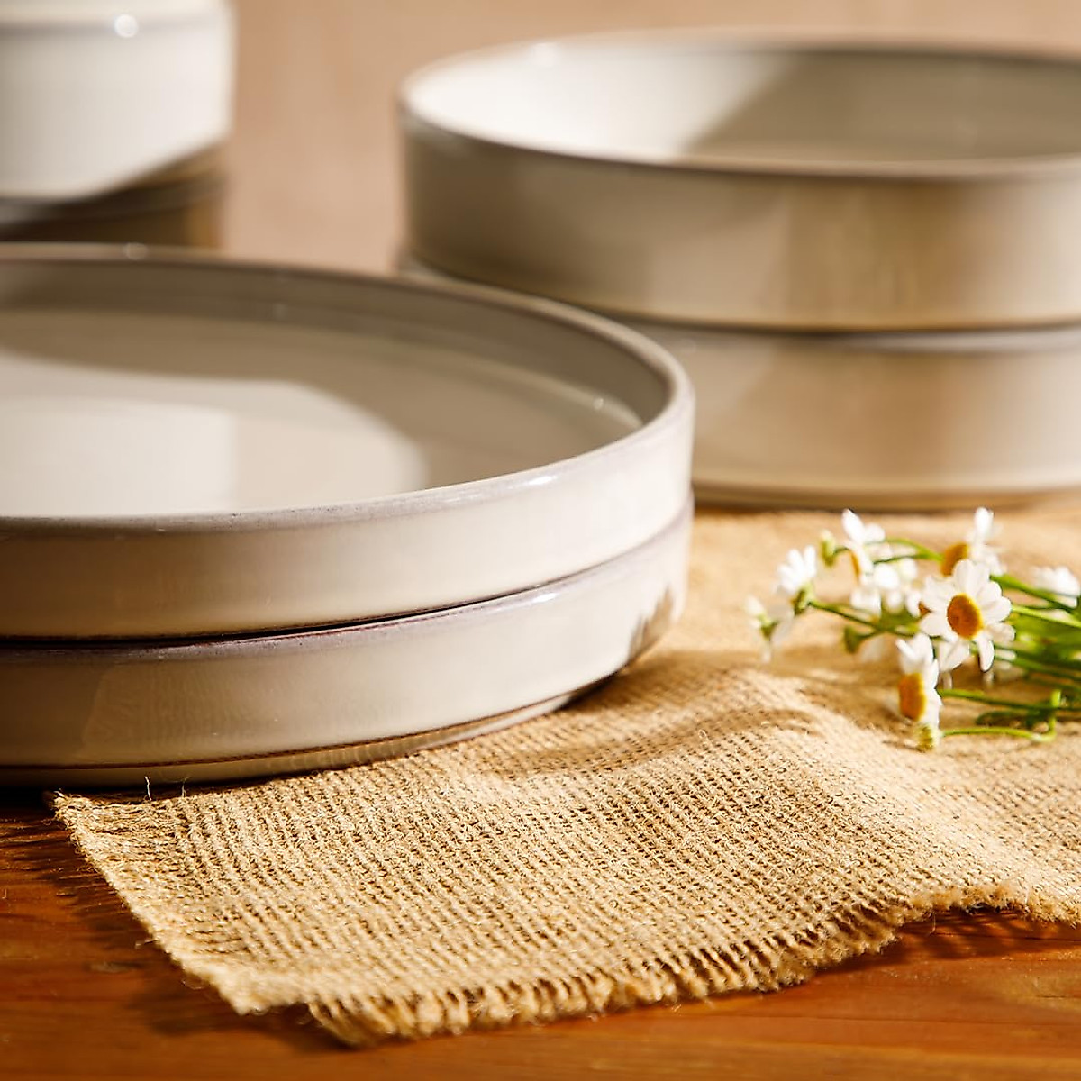 Bloomhouse - Oprah's Favorite Things - Santorini Mist Double Bowl Terracotta Reactive Glaze Plates and Bowls Dinnerware Set - Moonstone White, Service for Four (16pcs)