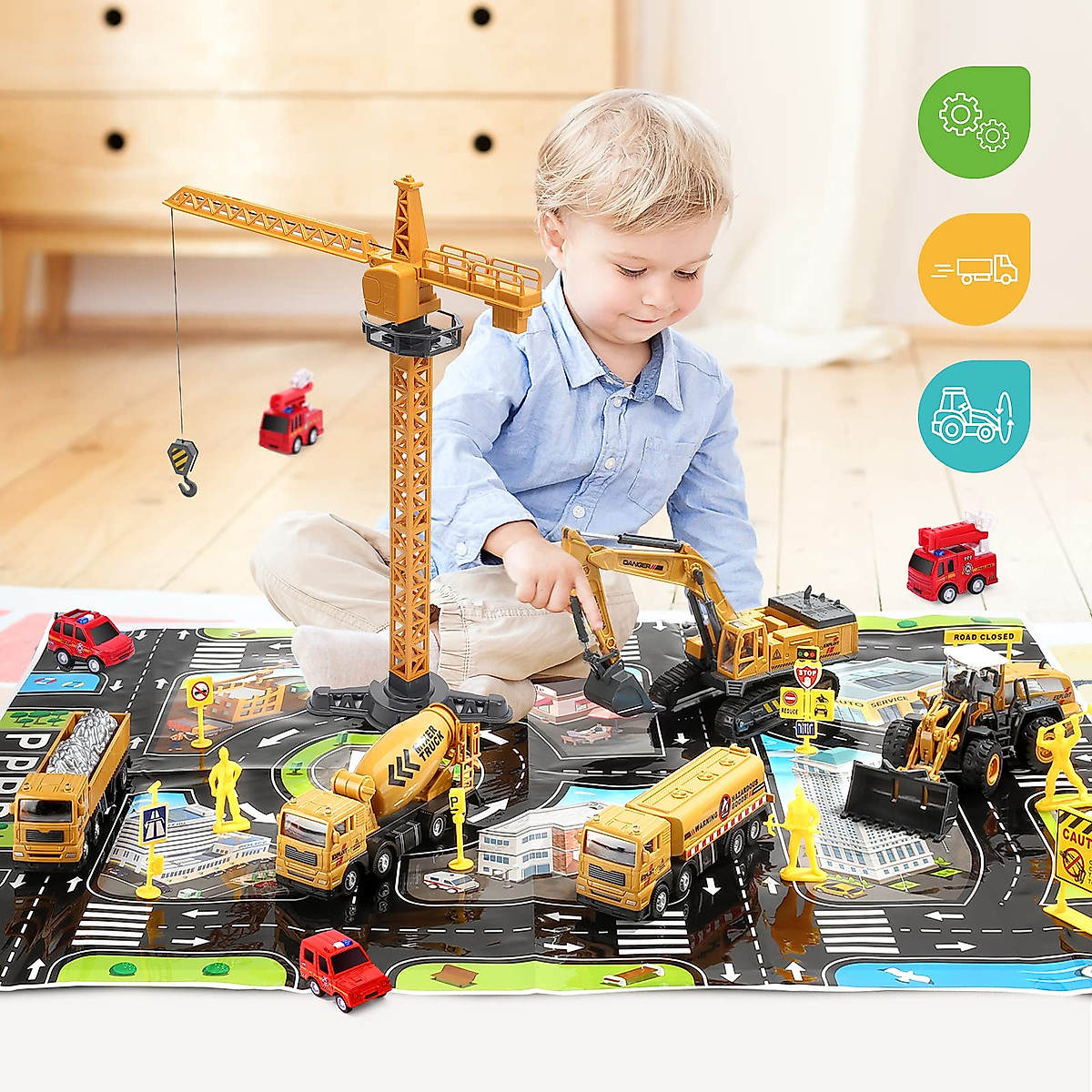 skirtoy Kids Construction Vehicles Playset with Playmat, 18" Crane Toy, 10" Excavator, Tractor, Dump Truck, Cement, 4 Firetrucks, Educational Engineering Toy Set Birthday Gift for Toddler Boy 3+