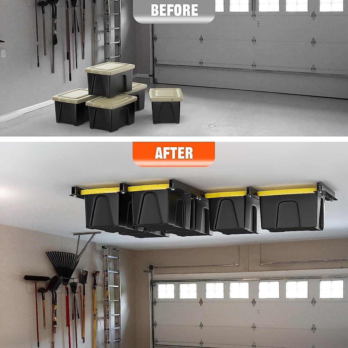 TORACK Garage 16" Studs Ceiling Bin Storage Rack, Overhead Tote Storage Rail System Heavy Duty Adjustable Tote Slide Garage Storage System(for 4 Bins, Bins are not included)
