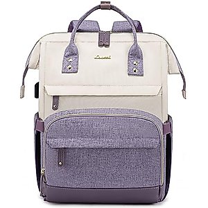 LOVEVOOK Laptop Backpack Purse for Women, Nurse Work Business Travel Backpack Bag, Wide Open Backpack, Lightweight Water Resistent Daypack with USB Charging Port, 15.6 inch, Beige-Light purple