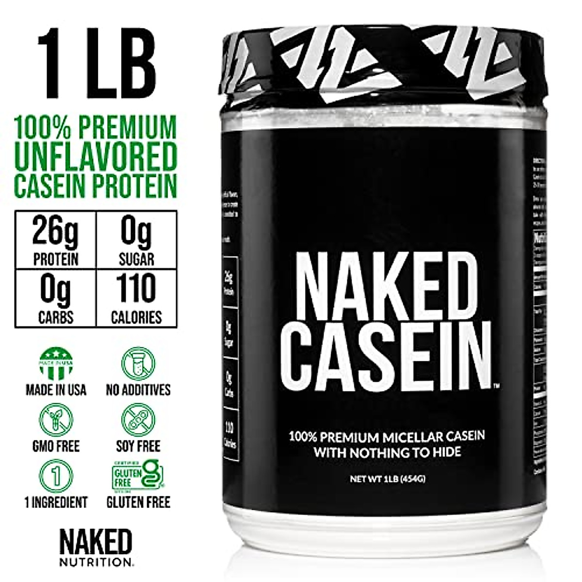 Naked Casein - 1LB 100% Micellar Casein Protein from US Farms - Bulk, GMO-Free, Gluten Free, Soy Free, Preservative Free - Stimulate Muscle Growth - Enhance Recovery - 15 Servings