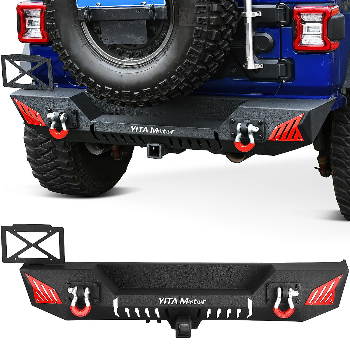 YITAMOTOR Rear Bumper Compatible with 2018-2025 Jeep Wrangler JL & JL Unlimited (2/4 Doors), w/ 2" Hitch Receiver & 2 x D-Rings & License Plate Bracket