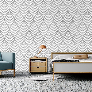 Amiya Silver Gray Peel and Stick Wallpaper Modern Boho Removable Vinyl Contact Paper Leaf Self Adhesive Bathroom Wallpaper for Cabinets 17.7" x 120" Renter Friendly