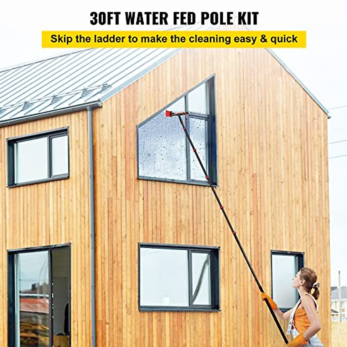 Happybuy Water Fed Pole Kit, 30ft Length Water Fed Brush w/ Squeegee, 9m Water Fed Cleaning System, 3-in-1 Aluminum Outdoor Window Cleaner w/ 33' Hose, Cleaning Tool for Window Glass, Solar Panel