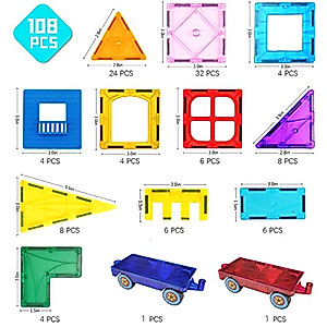 Lotmey Magnetic Tiles Building Blocks, 108 PCS 3D Magnetic Blocks Buliding Tiles Set, Magnetic Building Blocks Construction Playboards with 2 Cars, Preschool Educational Magnetic Toys for Kids 3, 4-8