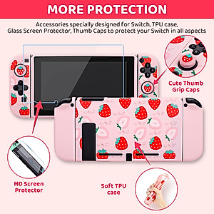 GLDRAM Pink Strawberry Carrying Case Bundle for Nintendo Switch Accessories, Cute Travel Case Kit with Soft TPU Cover, Game Case, Glass Screen Protector, Thumb Grip Caps, Shoulder Strap for Girls