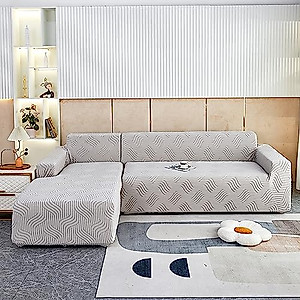 GUYIRT Jacquard Pattern Sectional Couch Cover, Solid Color Washable L Shape Sofa Covers, 2 Pieces Couch Slip Cover for Kids Pet Cat-Blue-2 Seater+4 Seater