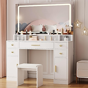 ANWBROAD Vanity Desk Set with Large LED Lighted Mirror Power Outlet Makeup Vanity Table 3 Color Lighting Modes Dressing Table with 5 Drawers and 2 Cabinets Cushioned Stool for Bedroom, White UBDT57W