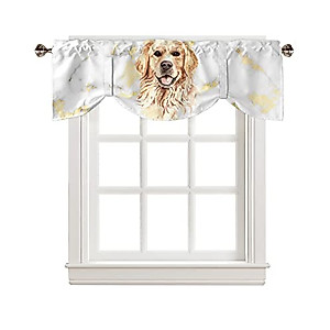 Tie Up Valance for Kitchen,Pet Dog White Marble Gold Inlay Adjustable Valances Rod Pocket Short Curtain,Watercolor Golden Retriever Abstract Art Back Tie Up Curtains Valance for Bedroom 60x18in
