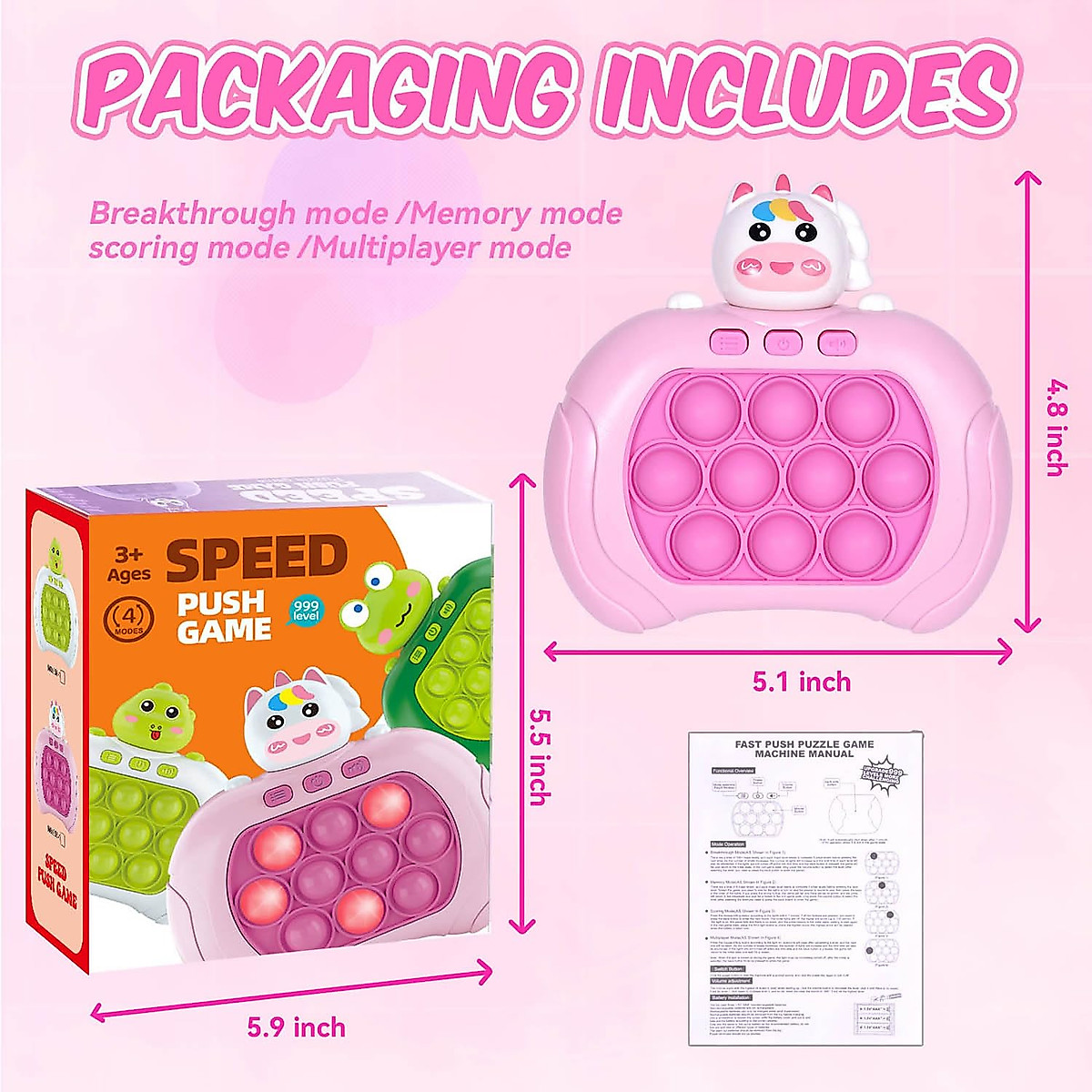 TeaRoo Quick Push Pop Game It Fidget Toys Pro for Kids Adults, Handheld Game Fast Puzzle Game Machine, Push Bubble Stress Toy, Relief Party Favors, Birthday Gifts for Boys and Girls (Pink)