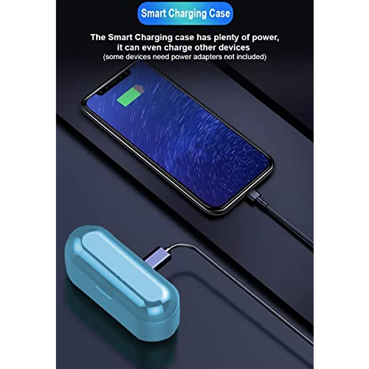 eDealz Fully Wireless Bluetooth 5.0 Rechargeable IPX7 Waterproof Earbud Headphones w Microphone, 2000mAh USB Smart Dual Charging Case/Stand Surround Stereo Bass and Passive Noise Cancelling (Blue)